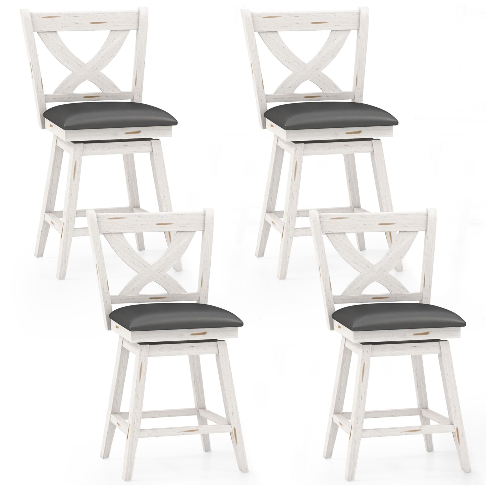MU Bar Stools Set of 4, 24" Seat Height Counter Height Swivel Barstools with X-Back, Upholstered 360 Degree Swivel Dining Chair with PVC Cushioned Seat, Footrest & Wood Legs, White