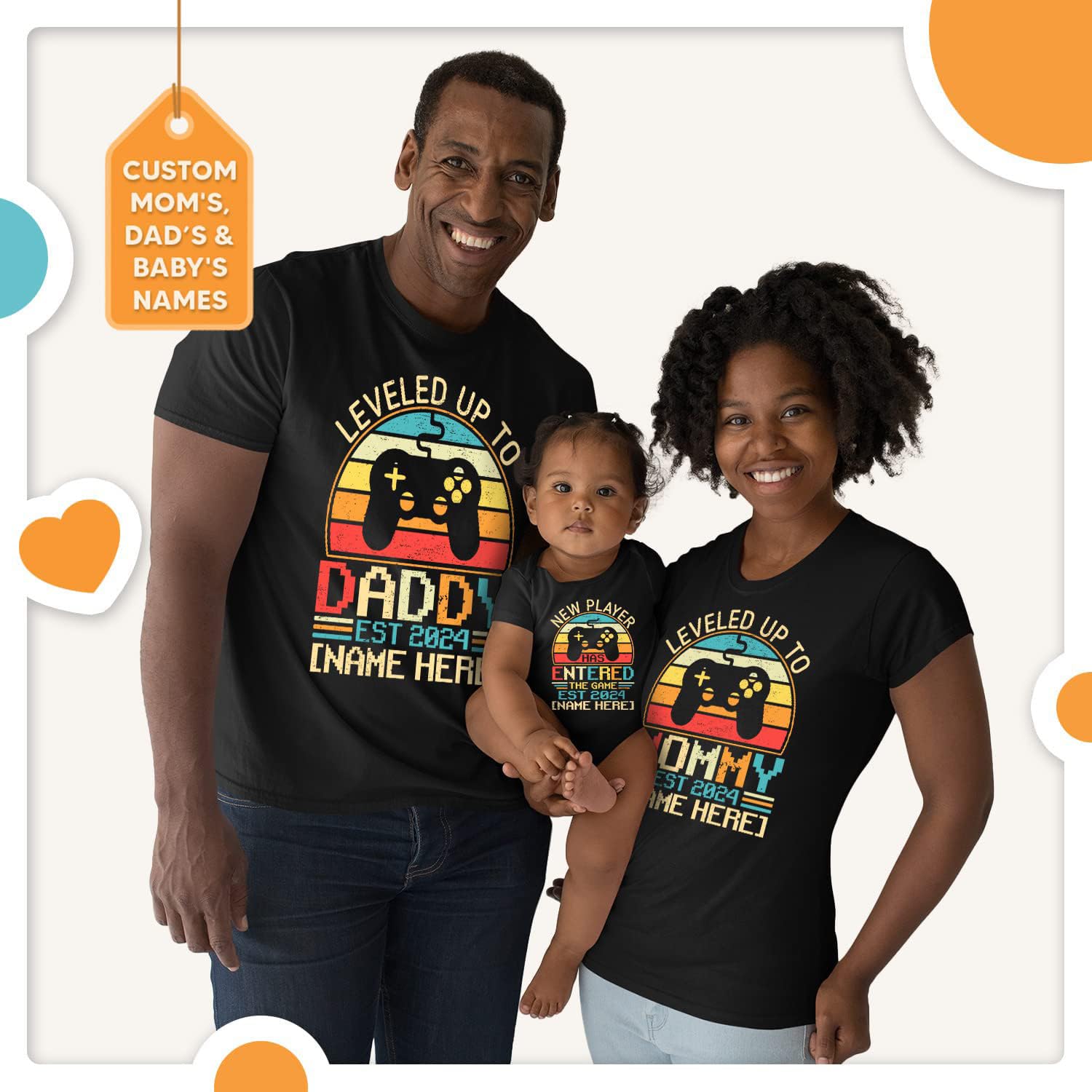 Personalized Family Matching Shirts for 3, Leveled Up to Daddy Mommy Gaming, New Player Has Entered The Game, Customized Name Matching Black Shirts for New Parent Gifts, First Mothers Day