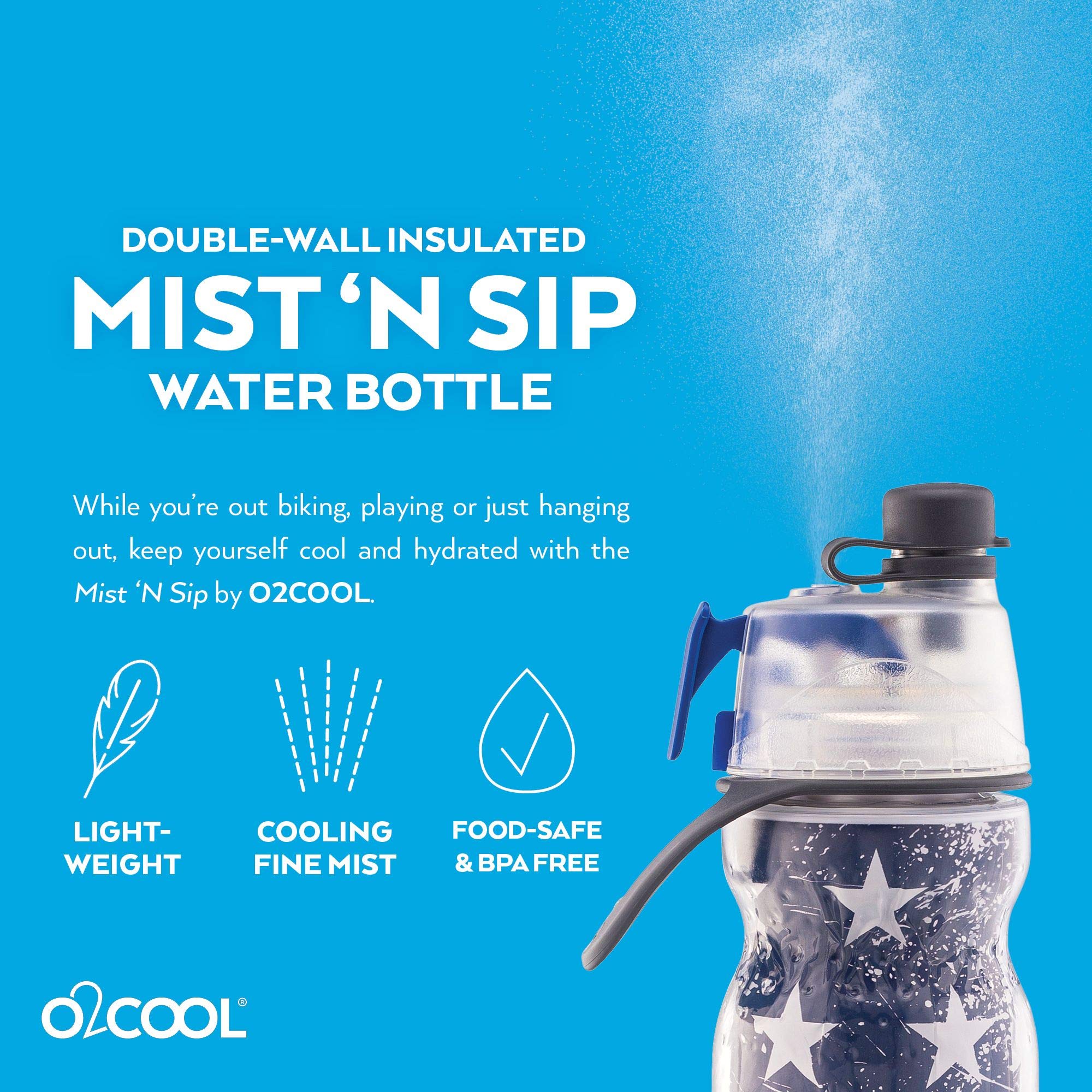O2COOL Mist 'N Sip Misting Water Bottle 2-in-1 Mist And Sip Function With No Leak Pull Top Spout Reusable Sports Water Bottle - 20 oz (Patriot)