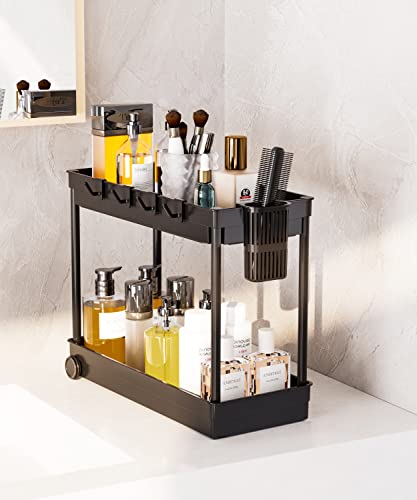 Fowooyeen Under Sink Organizers and Storage, Bathroom Organization Cabinet with Hooks Hanging Cup, Multi-Purpose Sliding Countertop Storage Shelf for Bathroom and Kitchen Semi-Transparent