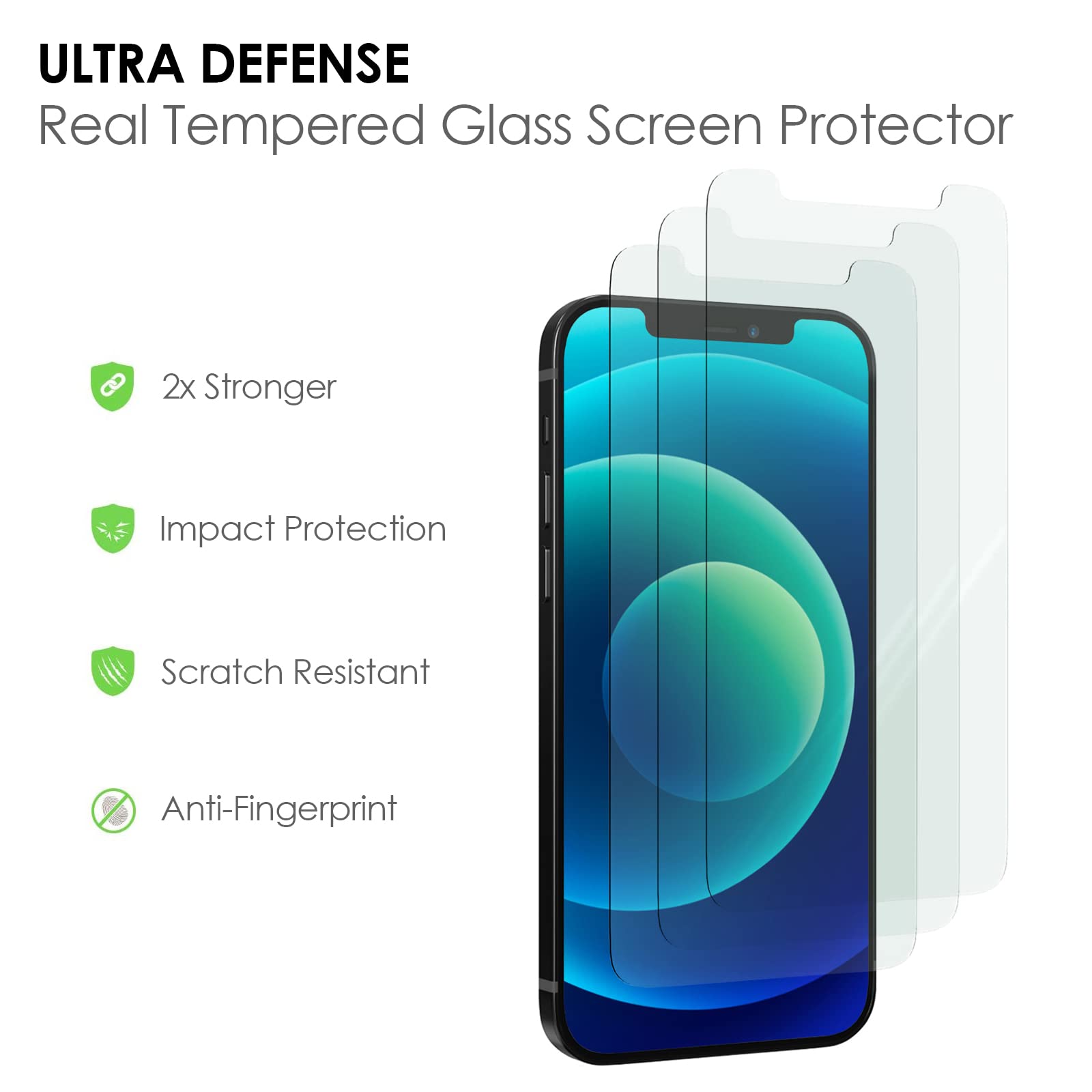 TRM TECH Screen Protector Tempered Glass For Apple iPhone 12 Mini (5.4" Inch), Case Friendly, Easy Installation, Anti-Scratch, Bubble-Free, 9H Hardness, Clear, Retail Box - (3-Pack)