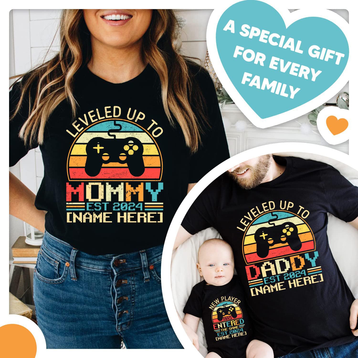 Personalized Family Matching Shirts for 3, Leveled Up to Daddy Mommy Gaming, New Player Has Entered The Game, Customized Name Matching Black Shirts for New Parent Gifts, First Mothers Day