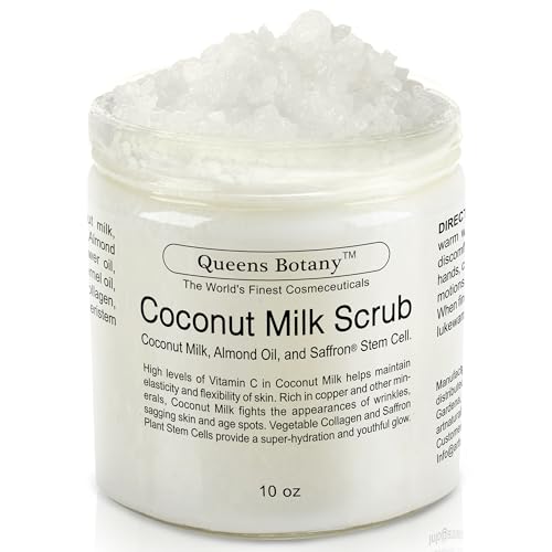 Coconut Milk Body Scrub - Moisturizing Almond Oil, Saffron Stem Cell & Nourishing Body Oils -Exfoliating Salt Scrub For Body - Win Against Aging, Acne, Eczema, Psoriasis & Dead Skin Scars- 10 oz
