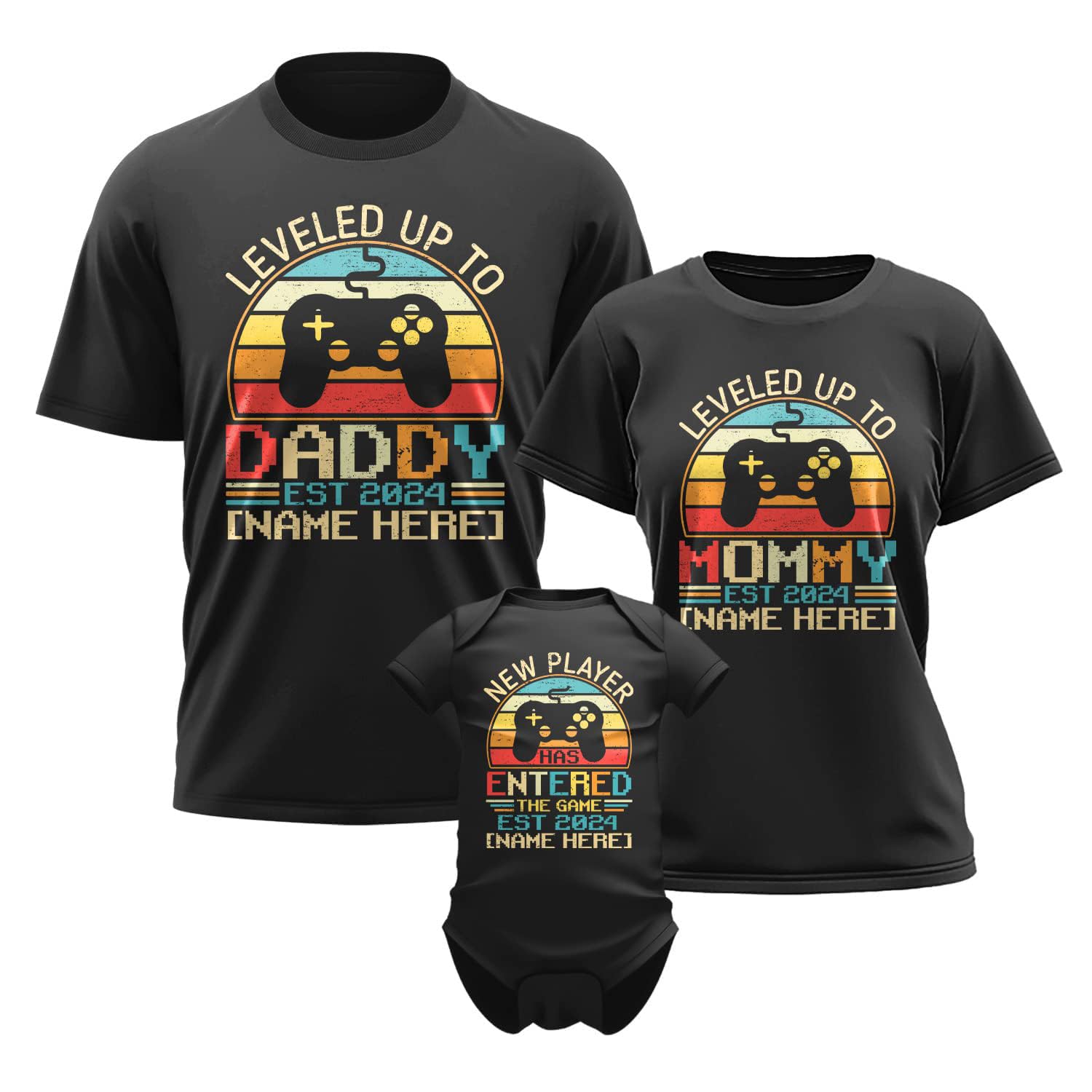Personalized Family Matching Shirts for 3, Leveled Up to Daddy Mommy Gaming, New Player Has Entered The Game, Customized Name Matching Black Shirts for New Parent Gifts, First Mothers Day