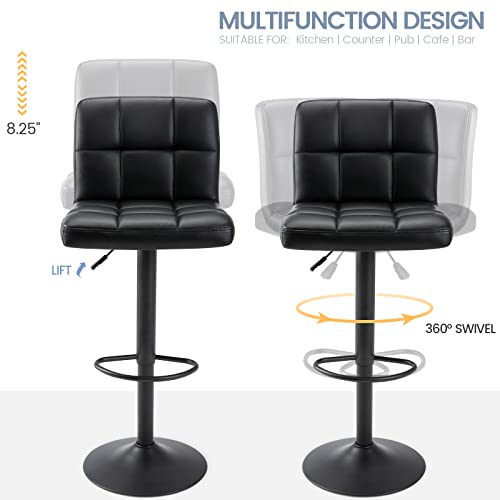 Vogue Furniture Direct PU Leather Square Bar Stools, Modern Adjustable Swivel Barstools with Back, Armless Airlift Counter Height Chairs for Kitchen Dining Pub Cafe, Set of 2 (Black, Black Base)