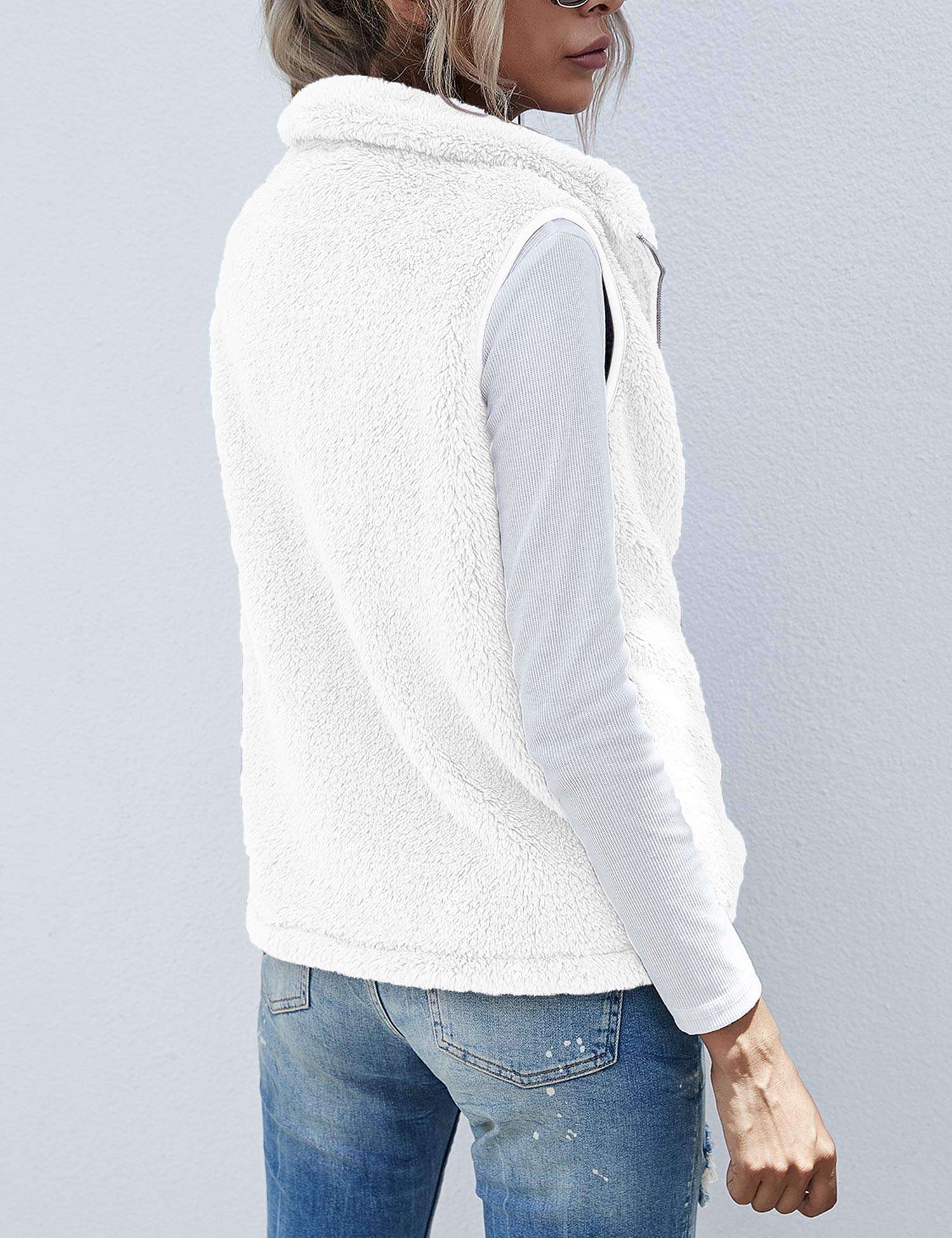 Women's Casual Sherpa Fleece Fuzzy Vest Jacket Sleeveless Zip Up Lined Stand Collar Lightweight Warm Waistcoat with Pockets White L