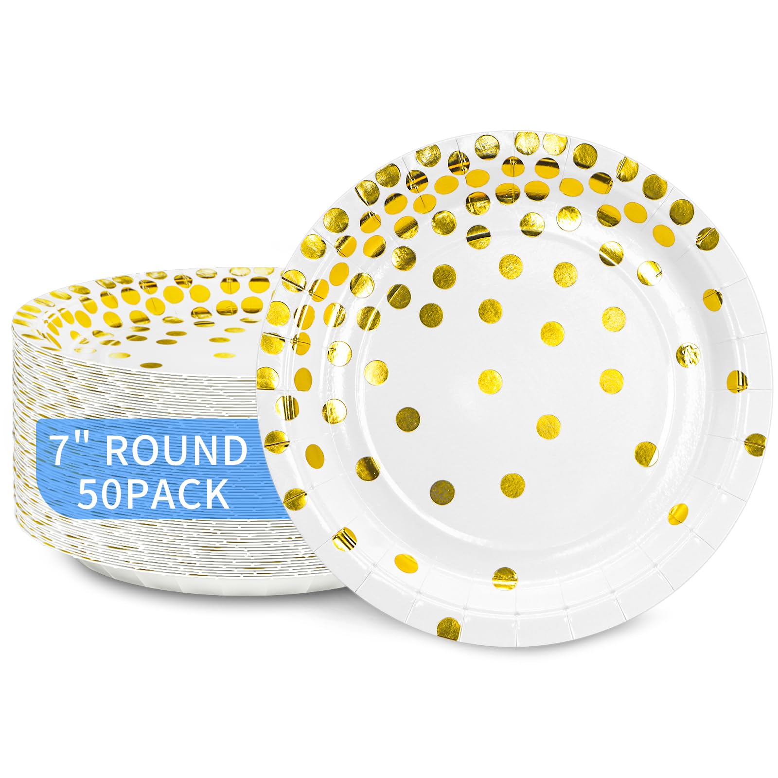 DYLIVeS White and Gold Paper Plates, 7 inch Metallic Foil Polka Dots Disposable Dessert Party Plates Cocktail Party Supplies Plates for Birthday, Bridal Shower, Easter, Graduation Party, 50 Pack