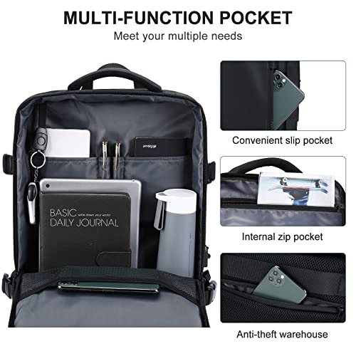 Large Laptop Travel Backpack for Women Carry On Airline Flight Approved Expandable Work Personal Item size Backpack with laptop compartment for College Men Hiking Waterproof Mochila de Viaje Black