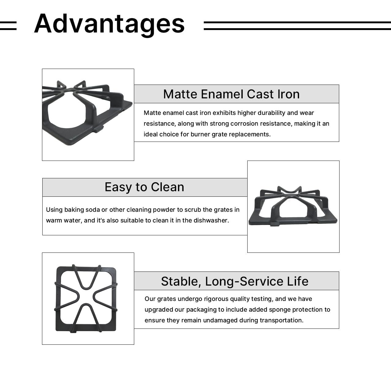 EIOLWJIEO W10447925 Burner Grate Replacement for Whirlpool Range Stove Cooktop, Compatible with Amana, Maytag, Kenmore Gas Stove Top Grate Parts, Matte Enamel Cast Iron Range Burner Rack 4-Pcs