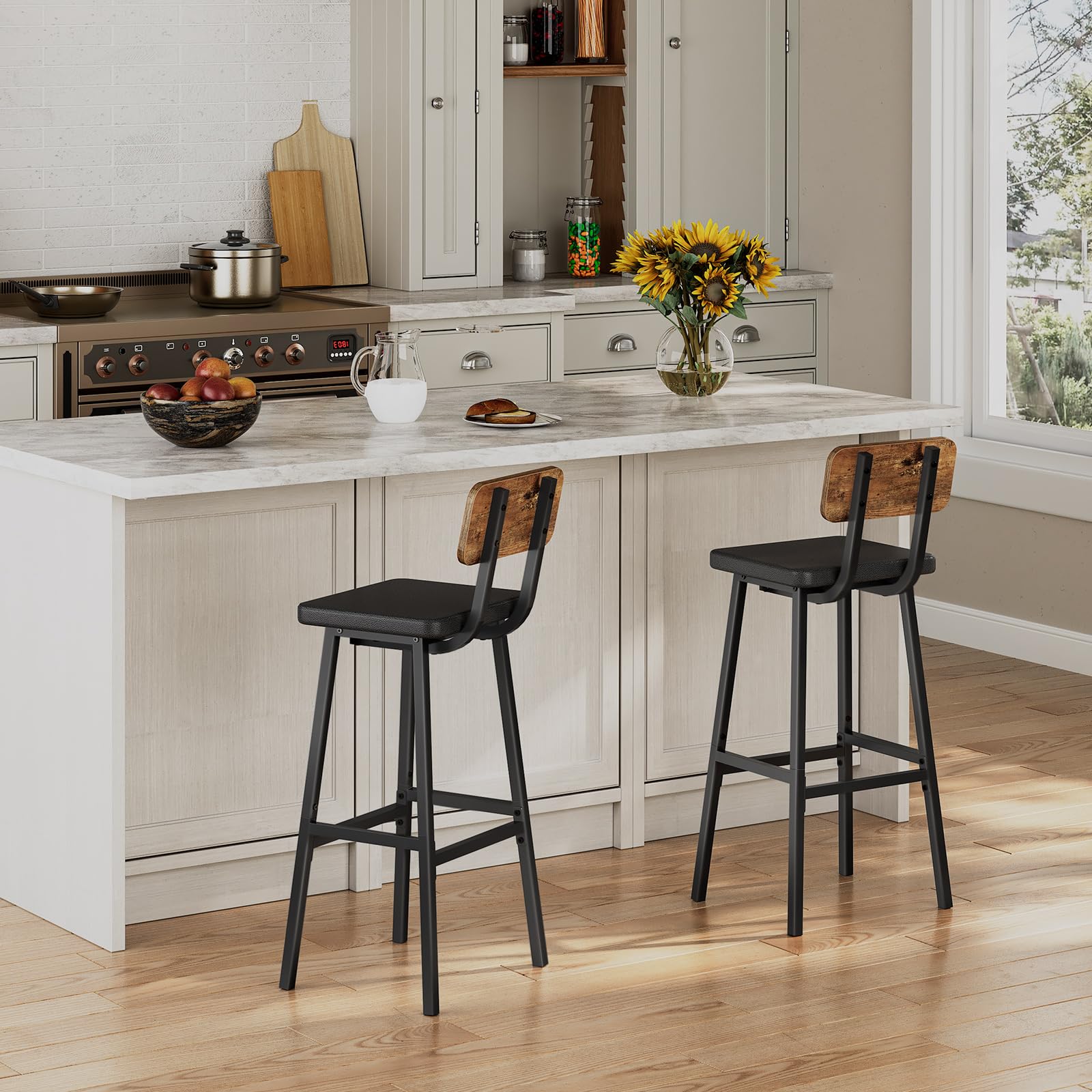 HOOBRO Bar Stools, Bar stools Set of 2 PU Upholstered Tall Bar Chairs, Barstools with Backrest and Footrests, for Kitchen, Dining Room,Bar, Cafe, Rustic Brown and Black BF84BY01