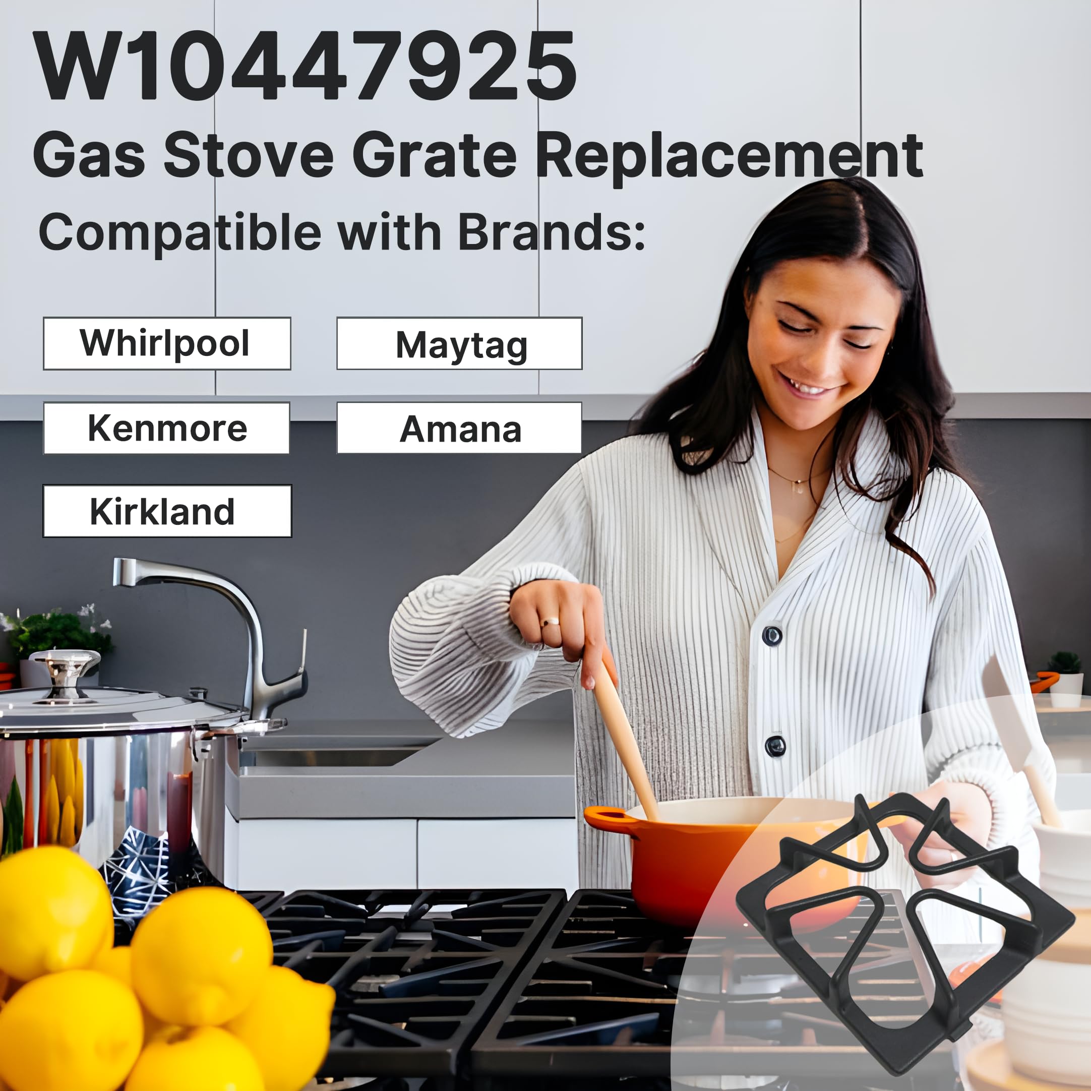 EIOLWJIEO W10447925 Burner Grate Replacement for Whirlpool Range Stove Cooktop, Compatible with Amana, Maytag, Kenmore Gas Stove Top Grate Parts, Matte Enamel Cast Iron Range Burner Rack 4-Pcs