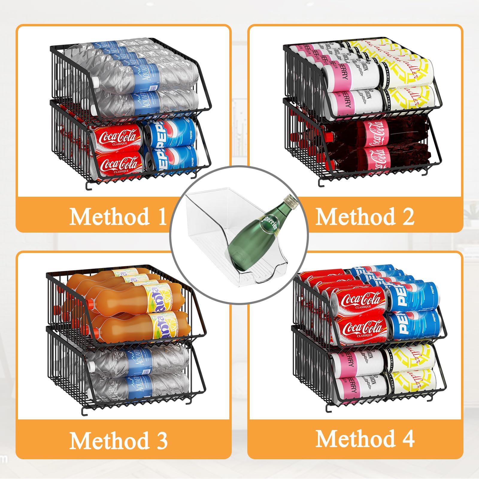 GILLAS 2 Pack Stackable Soda Can Organizer with Dividers for Refrigerator, Can Holder Dispenser Canned Food Organizer, Beverage Storage Basket Rack Drink Organizer for Fridge, Kitchen, Pantry, Black