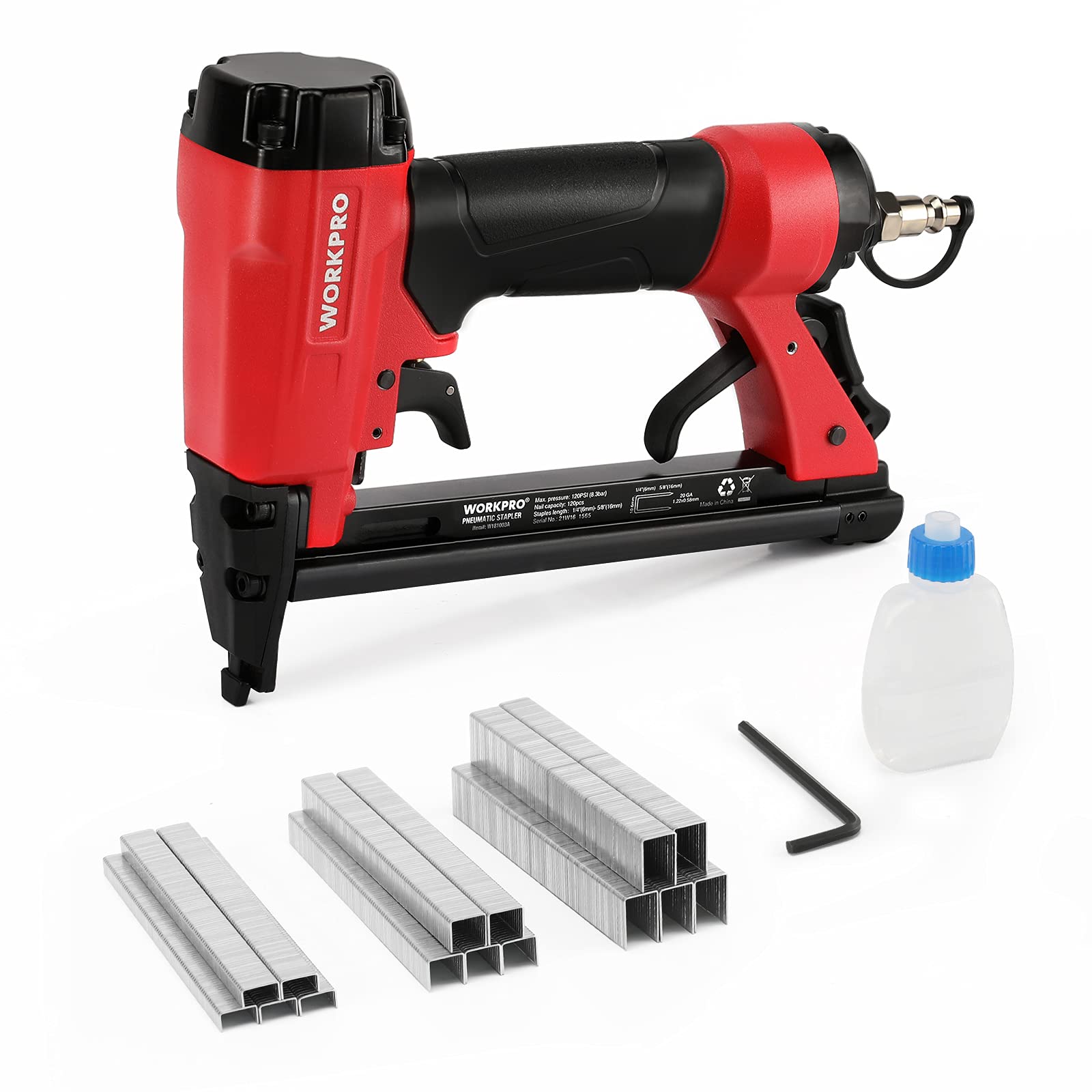 WORKPRO Pneumatic 20 Gauge Staple Gun, T50 Upholstery Stapler with 1260pcs Staples 1/4āto 5/8ā, Rear Exhaust, for Carpentry, Woodworking and DIY Projects