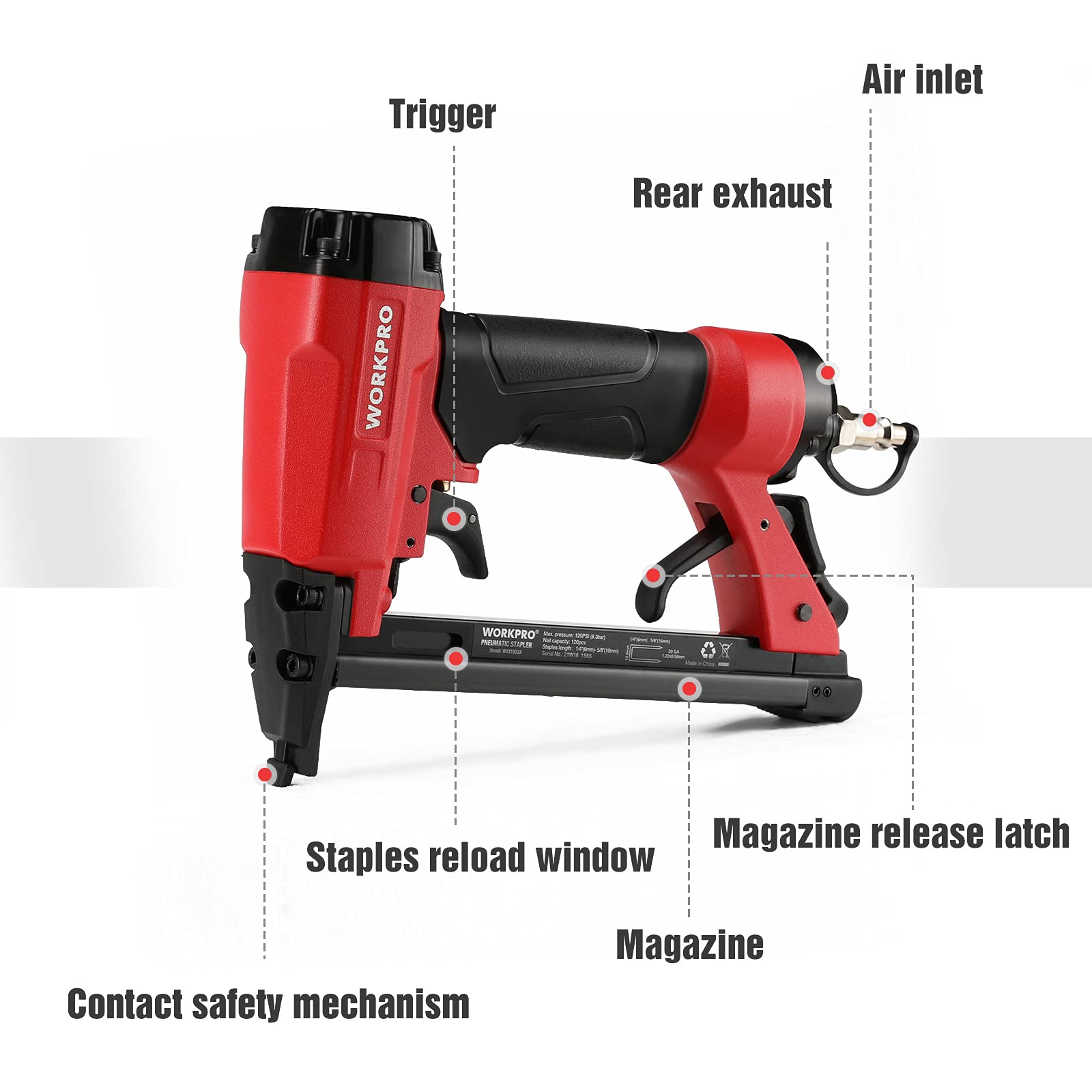 WORKPRO Pneumatic 20 Gauge Staple Gun, T50 Upholstery Stapler with 1260pcs Staples 1/4”to 5/8”, Rear Exhaust, for Carpentry, Woodworking and DIY Projects