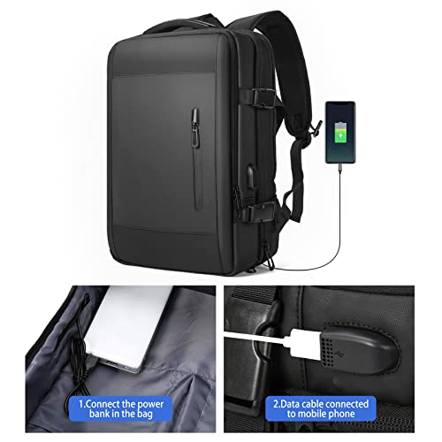 Large Laptop Travel Backpack for Women Carry On Airline Flight Approved Expandable Work Personal Item size Backpack with laptop compartment for College Men Hiking Waterproof Mochila de Viaje Black