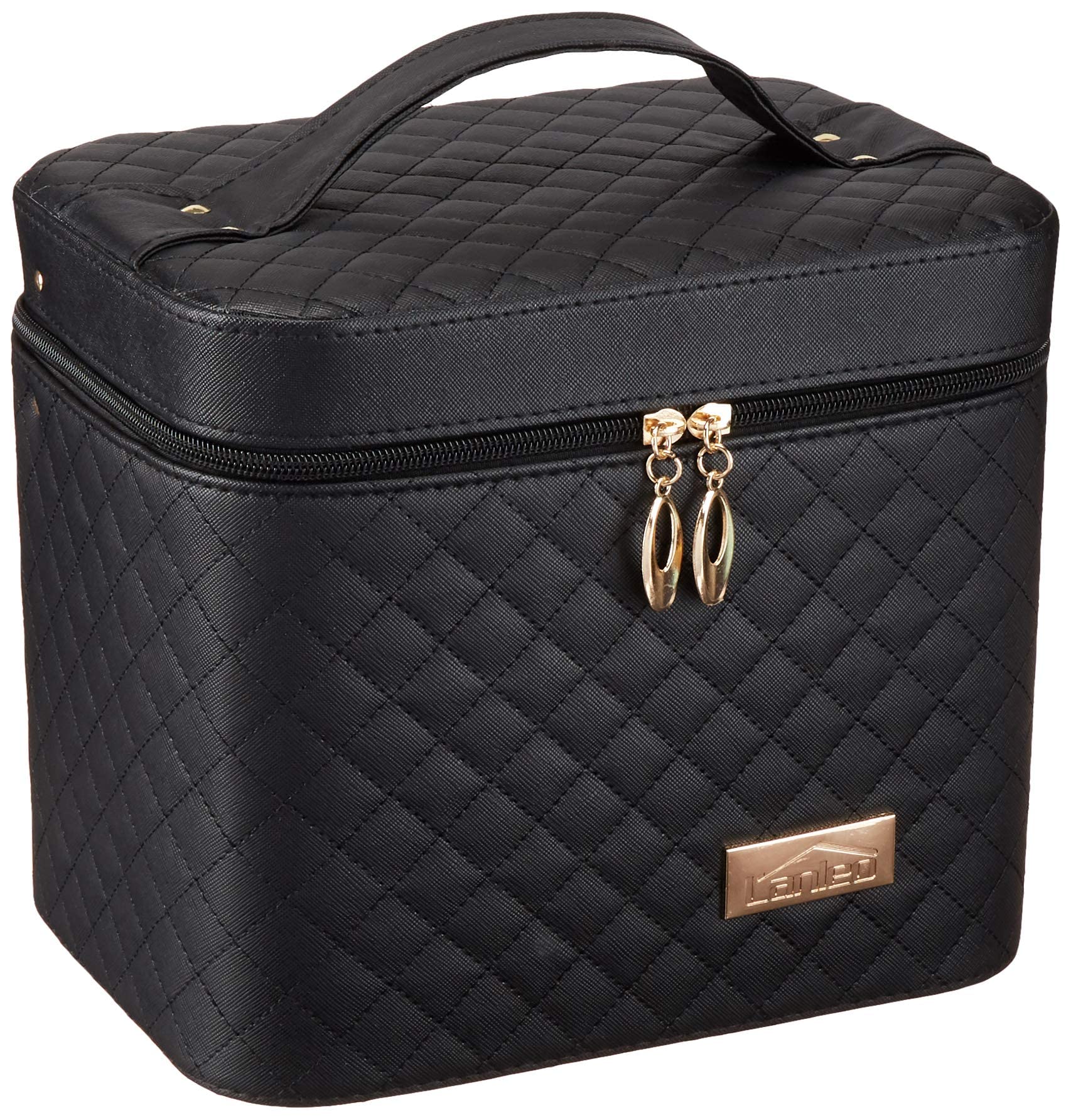 Sooyee Makeup Bag,Makeup Organizer with Mirror,Cosmetic Travel Bag with Fold Tray, Cosmetic Bags for Women Designed To Fit All Cosmetics Professional Makeup Case,Black