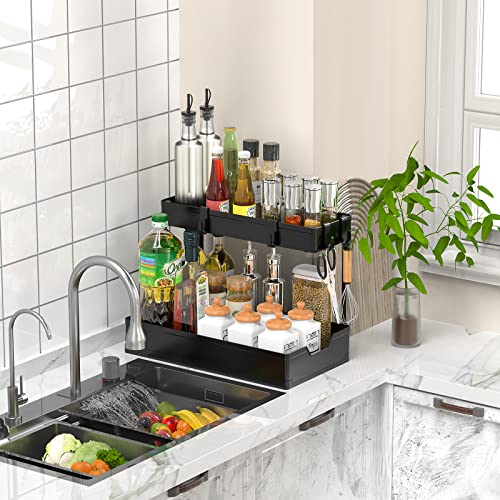 Mastom Under Sink Organizers and Storage, Kitchen Bathroom Sink Organizer with Hooks, 2 Tier L Shaped Pull Out Under Cabinet Basket Storage with Sliding Drawers, Black