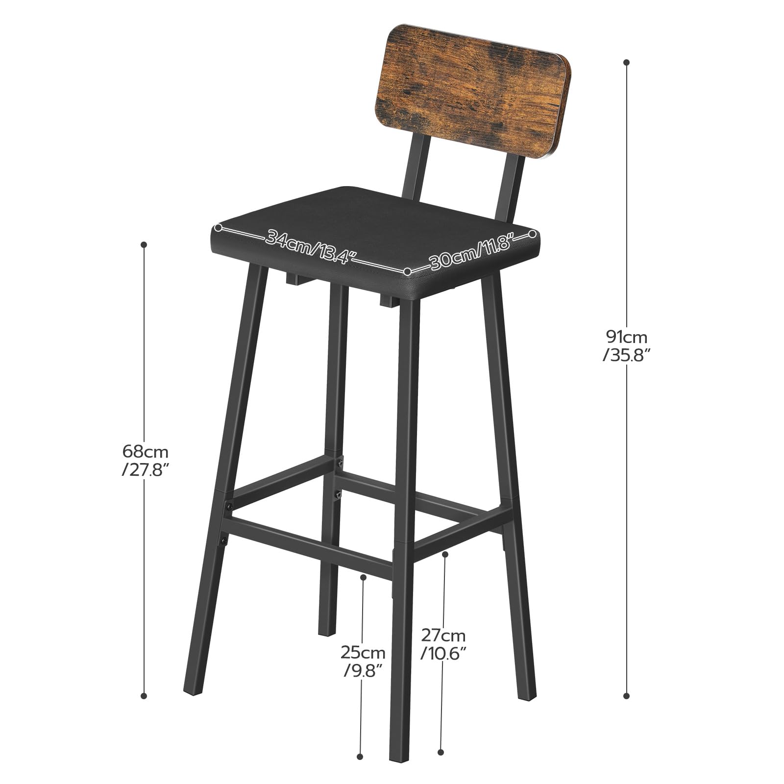 HOOBRO Bar Stools, Bar stools Set of 2 PU Upholstered Tall Bar Chairs, Barstools with Backrest and Footrests, for Kitchen, Dining Room,Bar, Cafe, Rustic Brown and Black BF84BY01