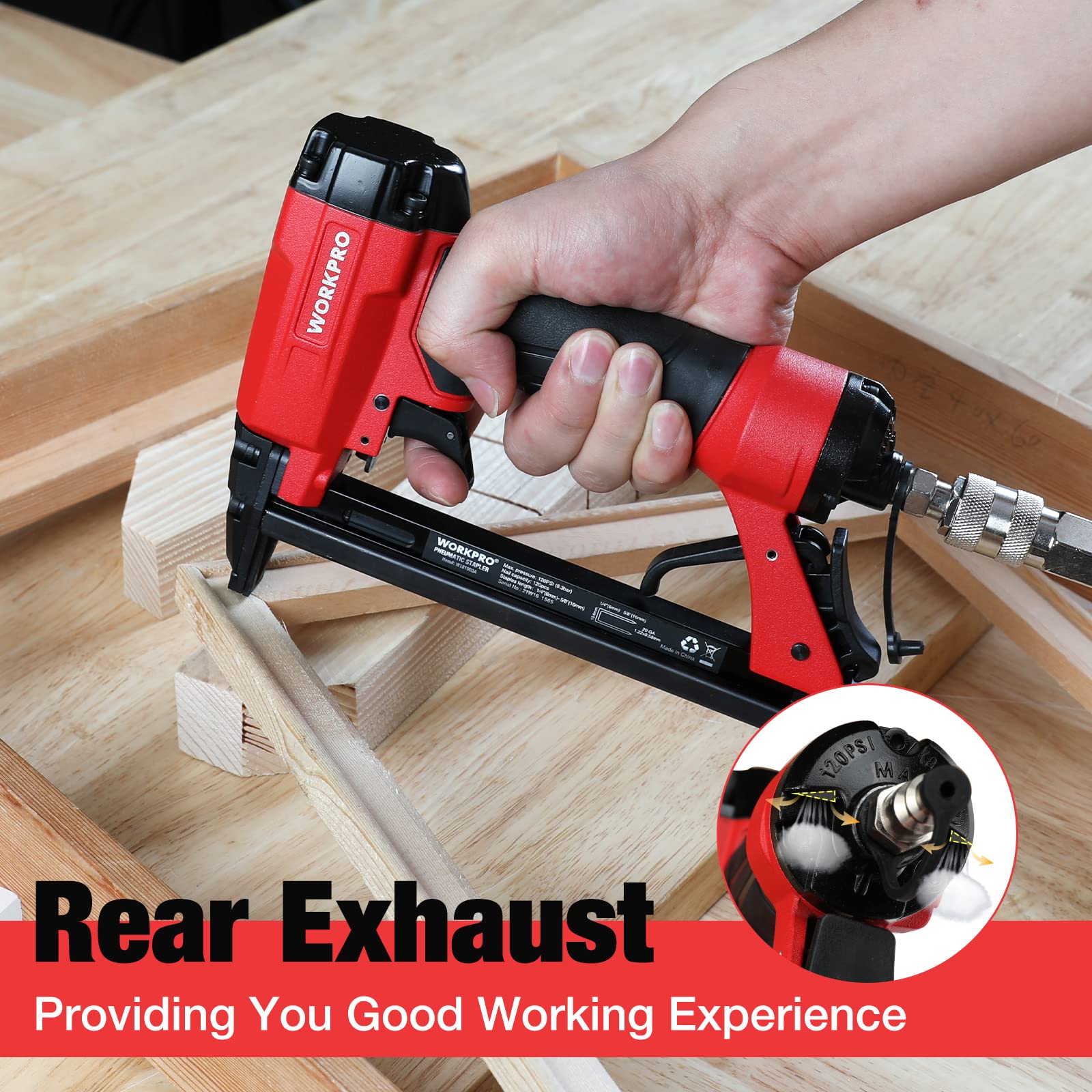 WORKPRO Pneumatic 20 Gauge Staple Gun, T50 Upholstery Stapler with 1260pcs Staples 1/4”to 5/8”, Rear Exhaust, for Carpentry, Woodworking and DIY Projects