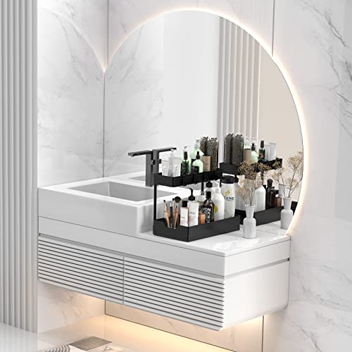 Mastom Under Sink Organizers and Storage, Kitchen Bathroom Sink Organizer with Hooks, 2 Tier L Shaped Pull Out Under Cabinet Basket Storage with Sliding Drawers, Black