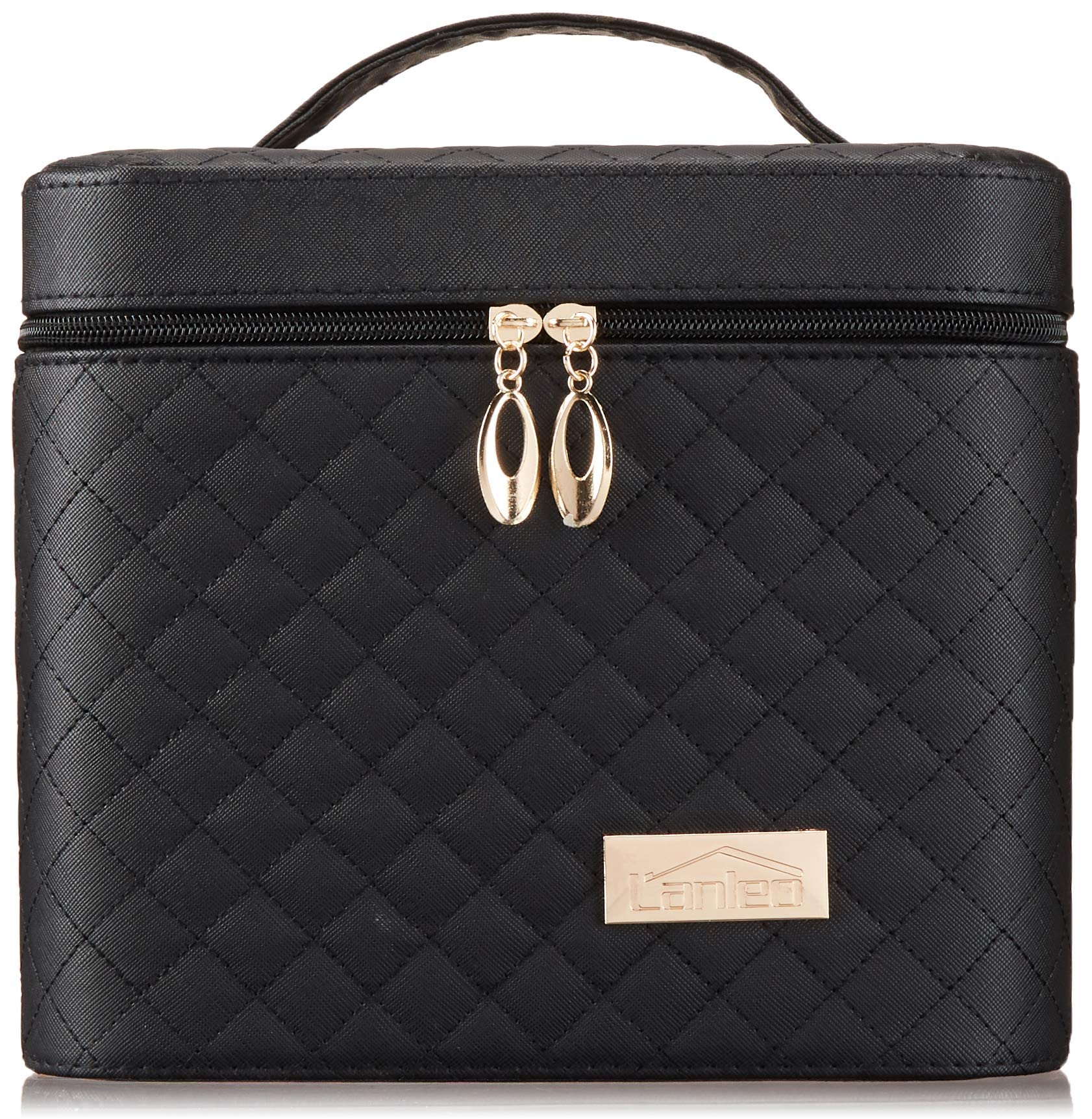 Sooyee Makeup Bag,Makeup Organizer with Mirror,Cosmetic Travel Bag with Fold Tray, Cosmetic Bags for Women Designed To Fit All Cosmetics Professional Makeup Case,Black