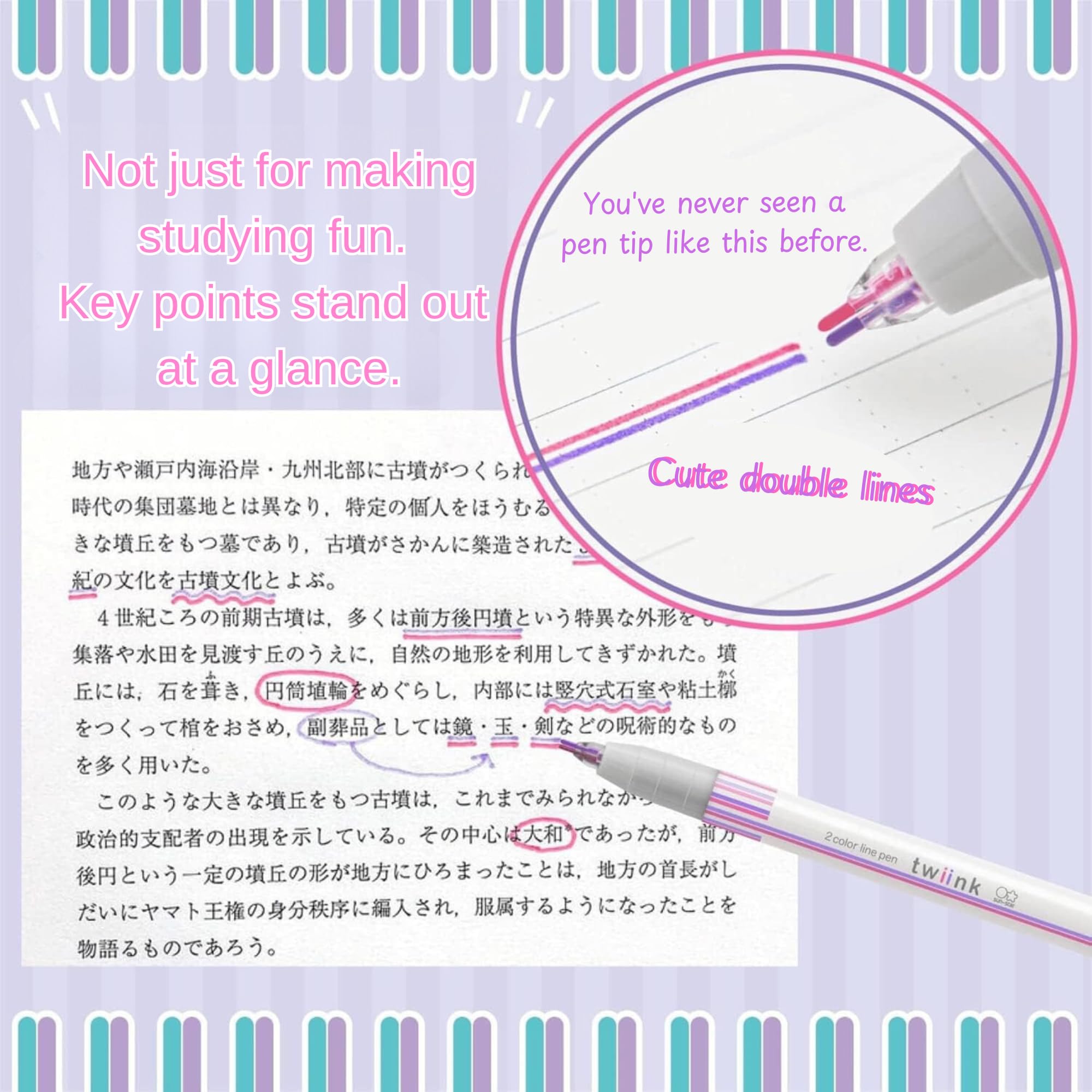 SUN-STAR Two Color Line Pen Twiink,C Set, Different 4 Colors Pattern Set, Water-Based Paint Pen, (Mint x Light Violet, Yellow x Mint, Red x Black, Orange x Yellow)