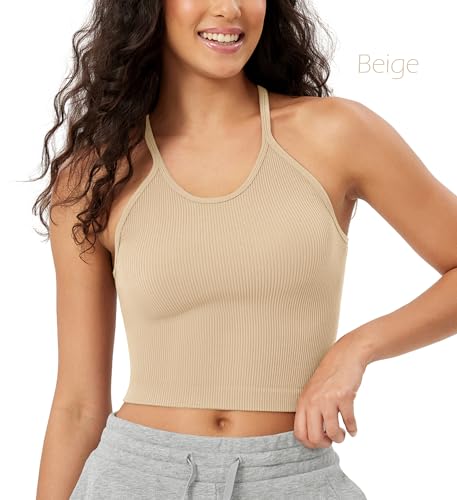 ODODOS Women's Crop Camisole 3-Pack Seamless Rib-Knit Crop Tank Tops, Long Crop, Beige Coral Teal, X-Small/Small
