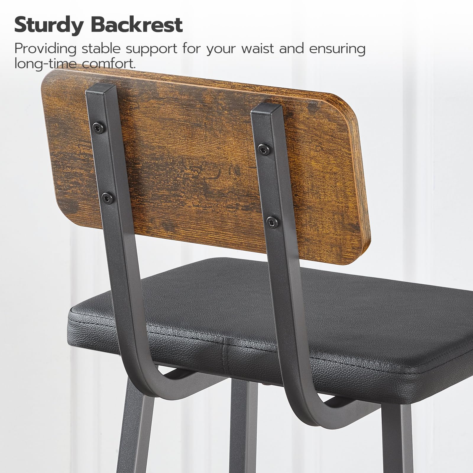 HOOBRO Bar Stools, Bar stools Set of 2 PU Upholstered Tall Bar Chairs, Barstools with Backrest and Footrests, for Kitchen, Dining Room,Bar, Cafe, Rustic Brown and Black BF84BY01