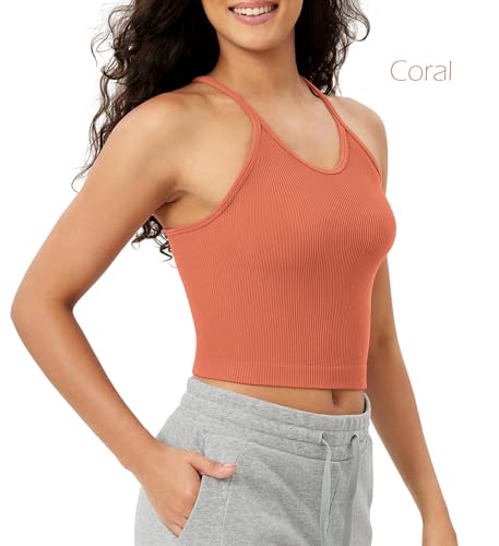ODODOS Women's Crop Camisole 3-Pack Seamless Rib-Knit Crop Tank Tops, Long Crop, Beige Coral Teal, X-Small/Small