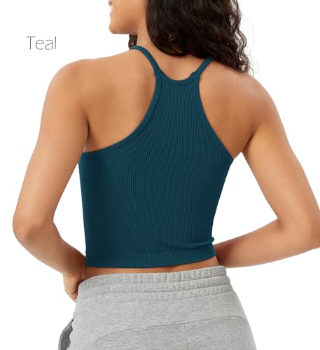 ODODOS Women's Crop Camisole 3-Pack Seamless Rib-Knit Crop Tank Tops, Long Crop, Beige Coral Teal, X-Small/Small