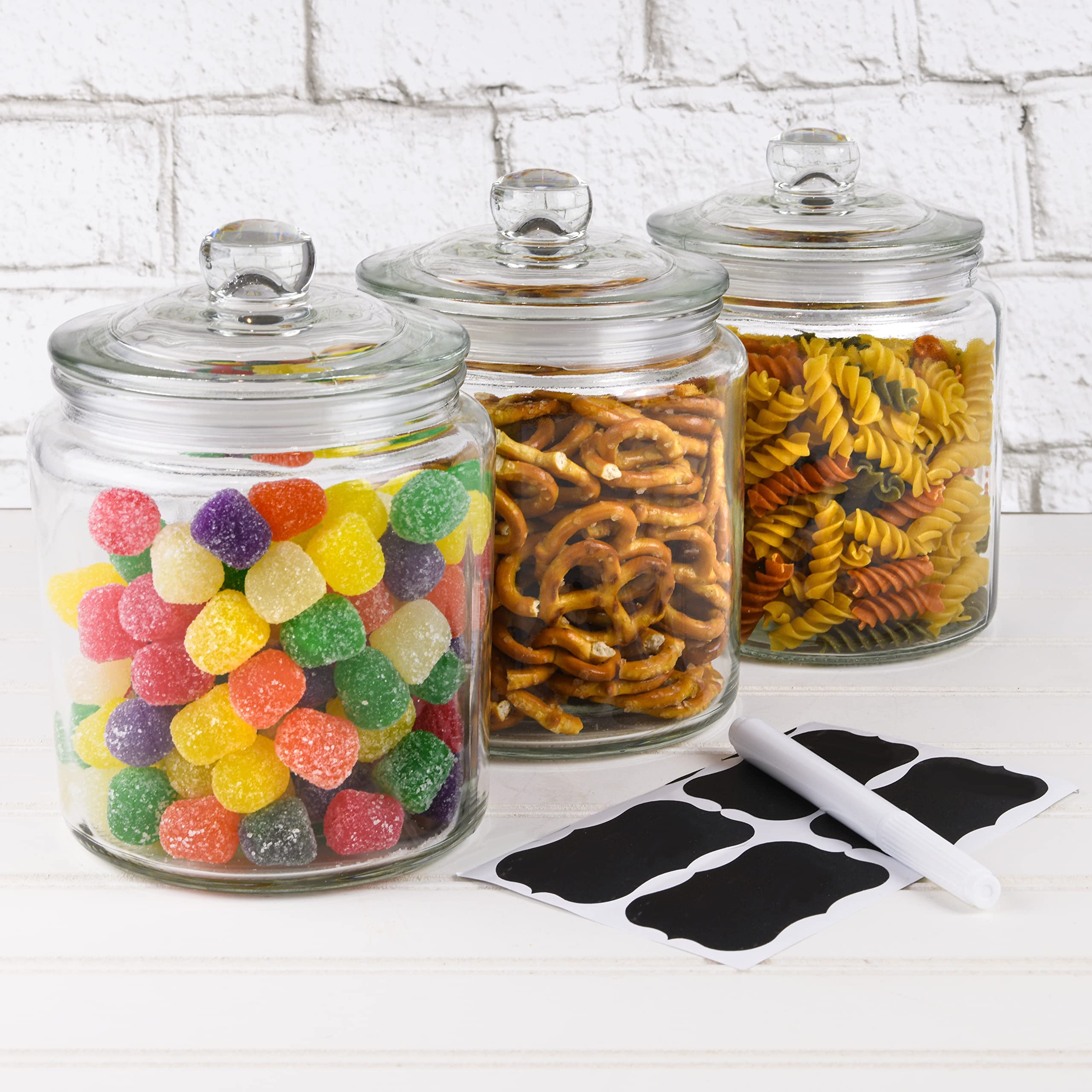 Glass Cookie Jar -2x 1/2 Gallon (64oz) & 1/4Gallon (32oz) - Glass Apothecary Jars With Lids - Canister Sets For Kitchen Counter - Glass Candy Jars - Glass Canisters Set Of 4 - Sugar Containers For Countertop (Glass Jars with labels)