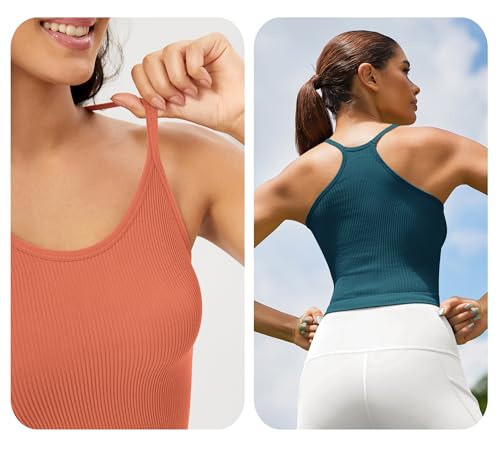 ODODOS Women's Crop Camisole 3-Pack Seamless Rib-Knit Crop Tank Tops, Long Crop, Beige Coral Teal, X-Small/Small