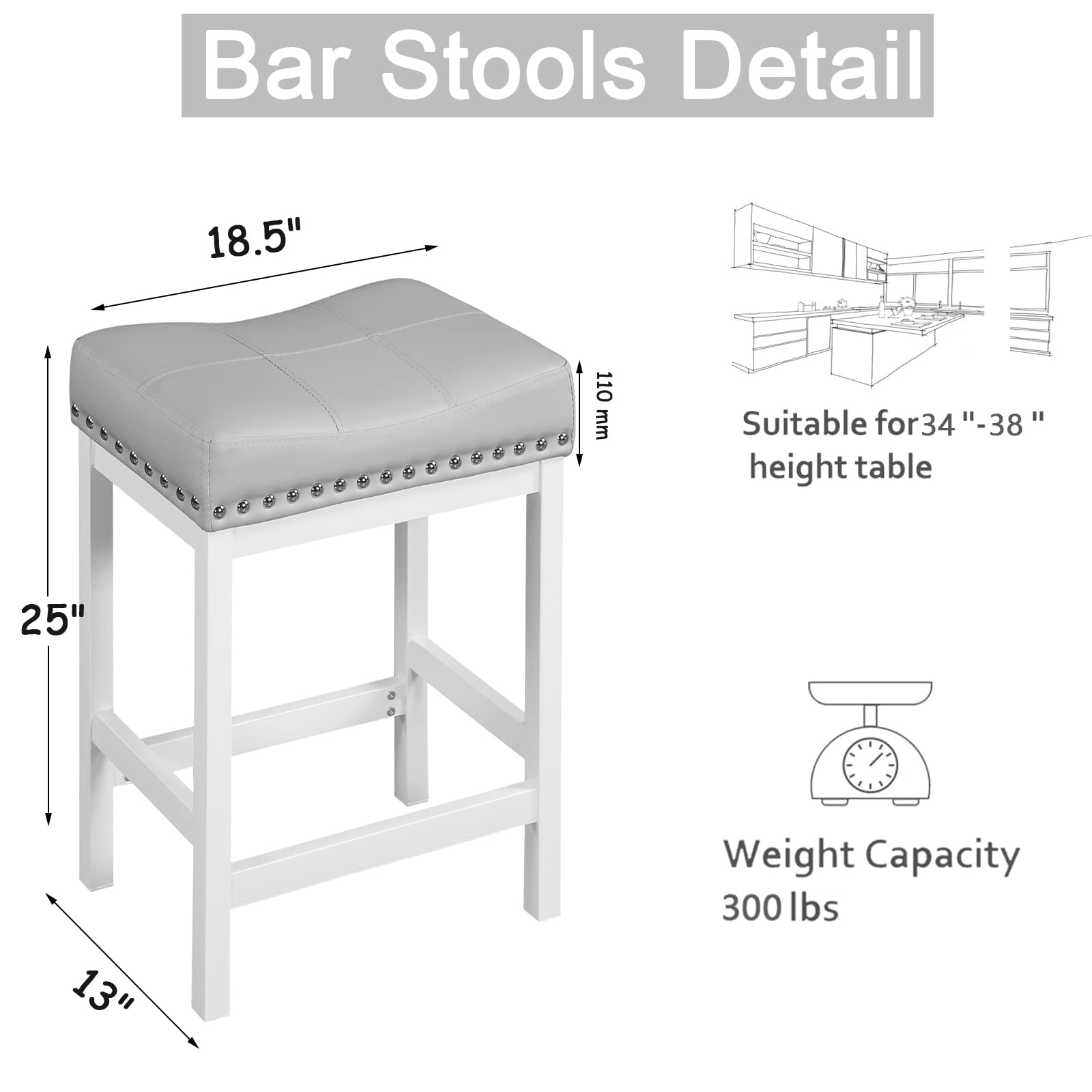 OUllUO Gray White Bar Stools Set of 2, Counter Height Bar Stools, Saddle Barstools, Pu Leather Stools with Metal Frame for Kitchen Island, 918P-NG
