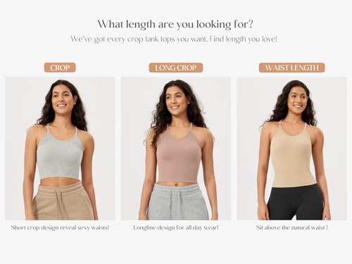 ODODOS Women's Crop Camisole 3-Pack Seamless Rib-Knit Crop Tank Tops, Long Crop, Beige Coral Teal, X-Small/Small