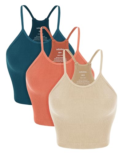 ODODOS Women's Crop Camisole 3-Pack Seamless Rib-Knit Crop Tank Tops, Long Crop, Beige Coral Teal, X-Small/Small