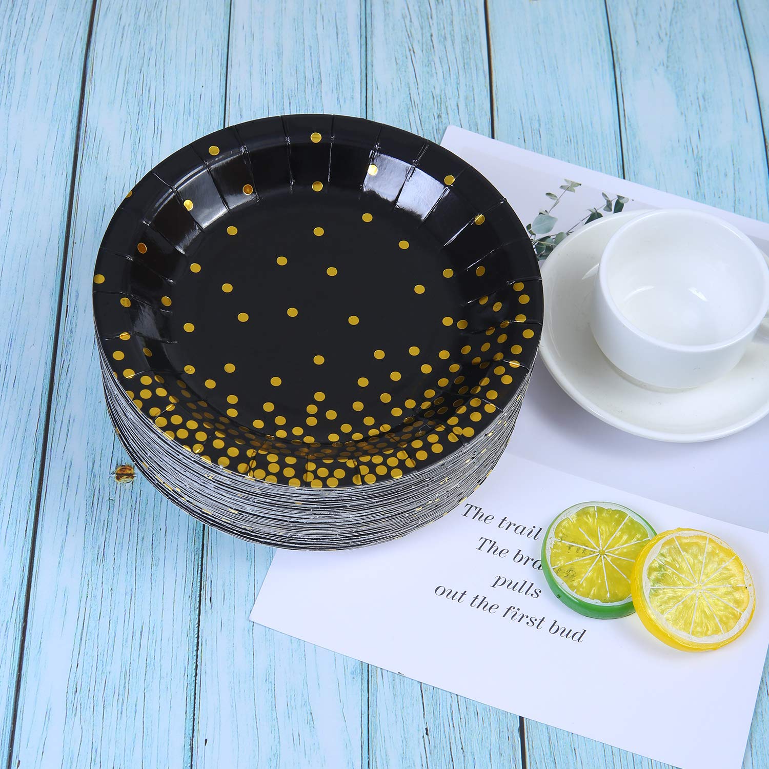 Aneco 60 Pieces 7 Inches Black Bronzing Disposable Paper Plates Dinnerware Plates Gold Foil Polka Dot Plates for Party Graduation Wedding Anniversary Birthday