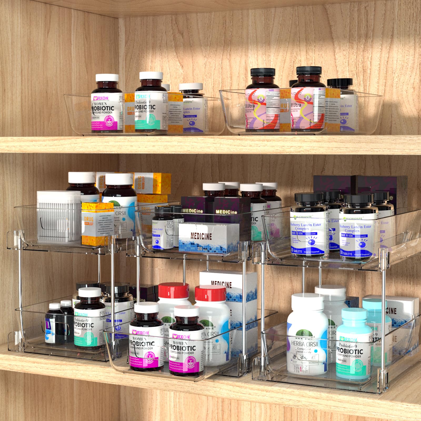 2 Tier Clear Bathroom Organizers 1Pack, Pull Out Organizers and Multi-Purpose Snack Storage, Kitchen Pantry Medicine Cabinet Slide Out Drawer Vanity Counter Organizing Tray, Under Sink Organizer