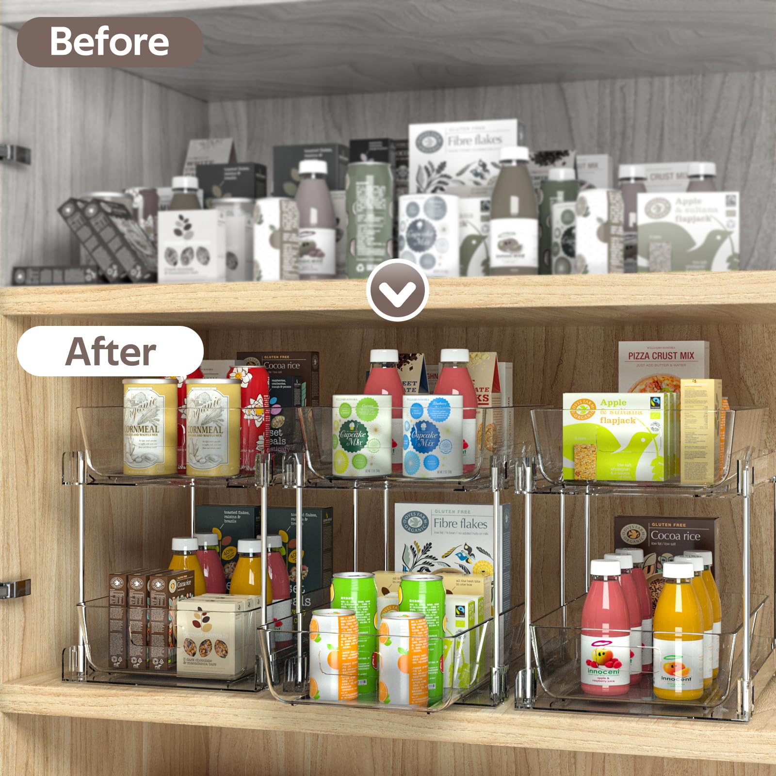 2 Tier Clear Bathroom Organizers 1Pack, Pull Out Organizers and Multi-Purpose Snack Storage, Kitchen Pantry Medicine Cabinet Slide Out Drawer Vanity Counter Organizing Tray, Under Sink Organizer