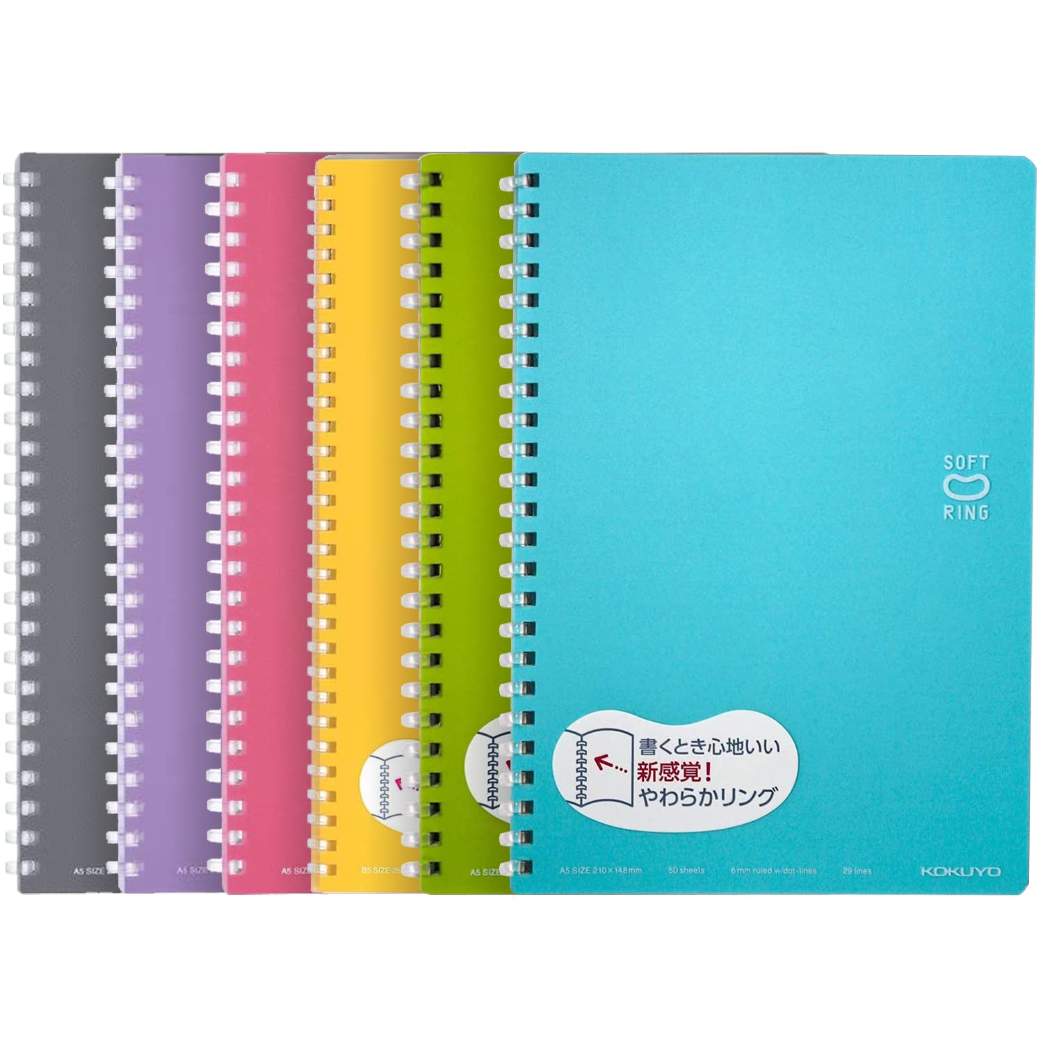KOKUYO D Shaped Soft Ring Notebook, 6mm ruled w/dot-lines, 29 Lines, 50 Sheets, A5, 6 Colors Set, Japan Import (SU-SV331BT)