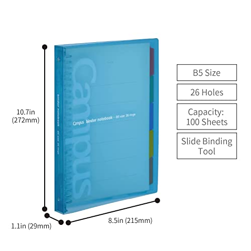 Kokuyo Campus Slide Binder with 5 Tab Dividers, Middle Type, B5, 26 Holes, Up to 100 Sheets, Light Blue, Plus 200 Sheets of Loose-Leaf Paper, Japan Import (RU-P333NLB & NO-S836BT)