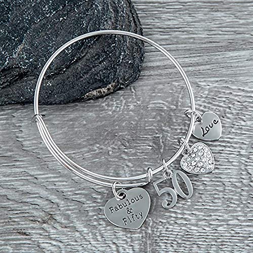 Infinity Collection 50th Birthday Bracelet and Gift Bag Set for Women, 50th Birthday Expandable Charm Bracelet, Adjustable Bangle, 50th Birthday Gift Ideas (Silver)