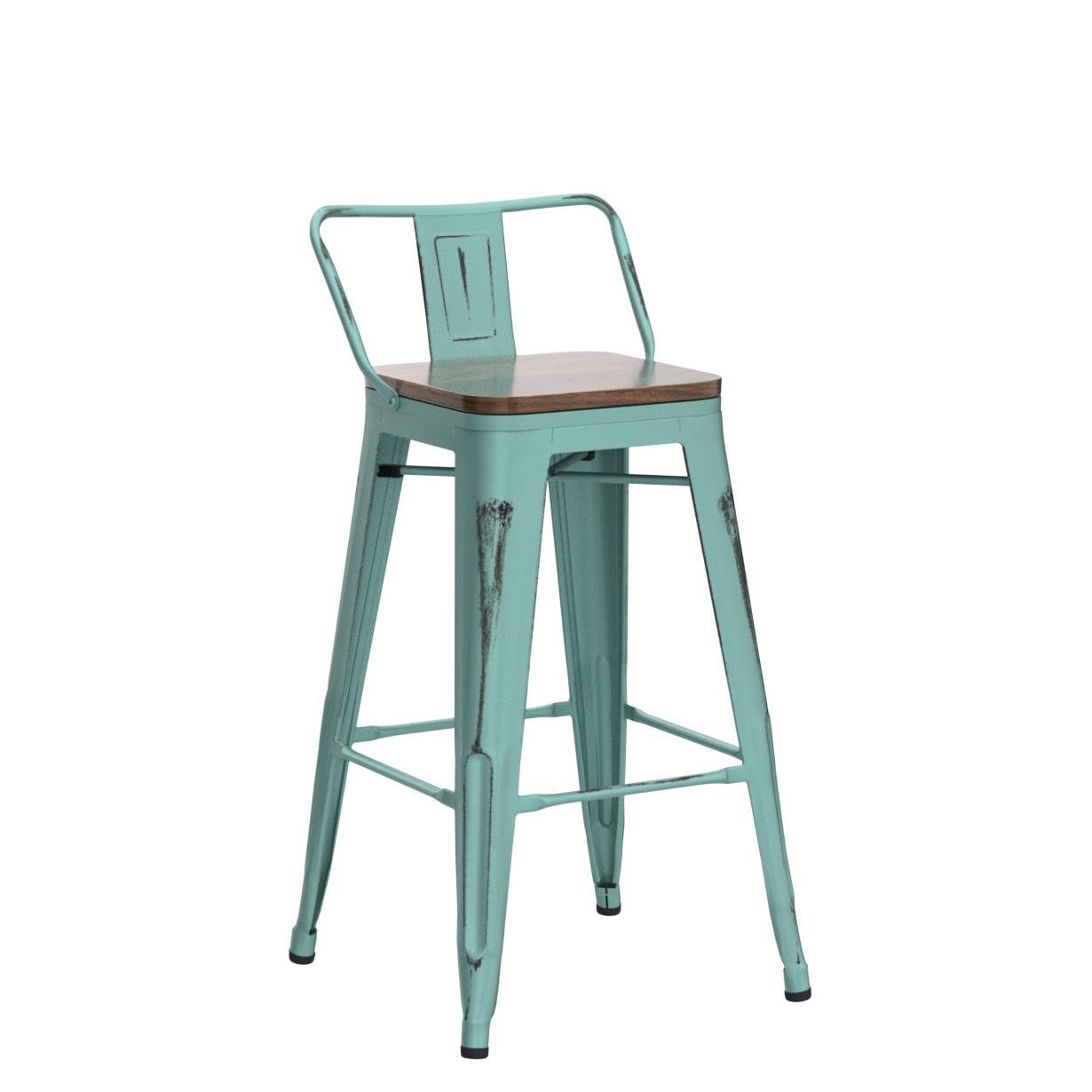 Andeworld Bar Stools Set of 4 Counter Height Stools Industrial Metal Barstools with Wooden Seats(24 Inch, Distressed Green Blue)