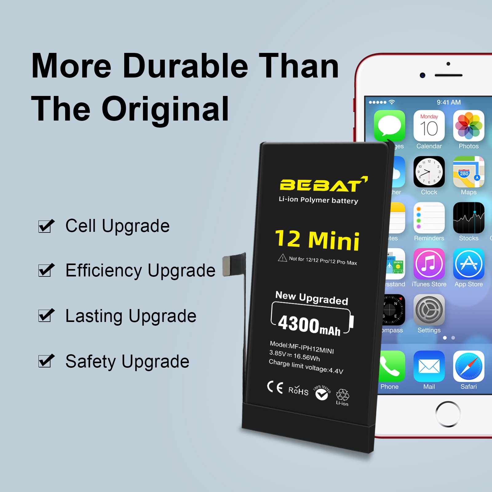 BEBAT Replacement for iPhone 12 Mini Battery, 4300mAh High Capacity Li-ion Polymer Replacement Battery for Model A2399 A2400 A2398 A2176 with Professional Repair Tool Kits