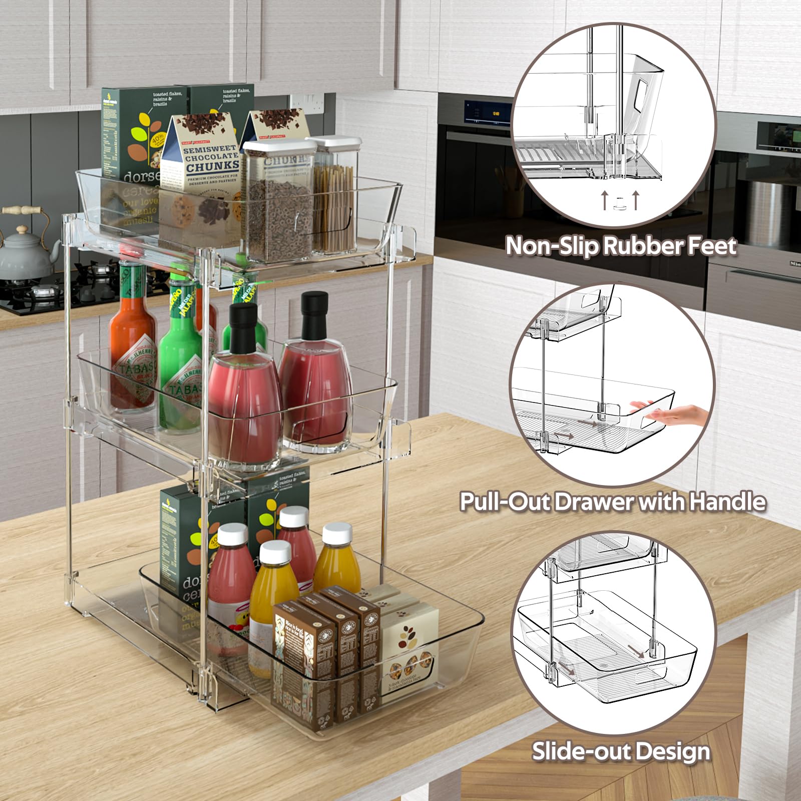 2 Tier Clear Bathroom Organizers 1Pack, Pull Out Organizers and Multi-Purpose Snack Storage, Kitchen Pantry Medicine Cabinet Slide Out Drawer Vanity Counter Organizing Tray, Under Sink Organizer