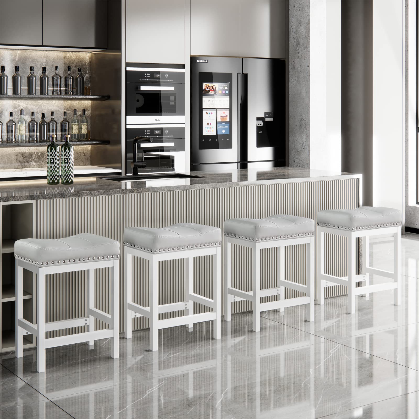 OUllUO Gray White Bar Stools Set of 2, Counter Height Bar Stools, Saddle Barstools, Pu Leather Stools with Metal Frame for Kitchen Island, 918P-NG