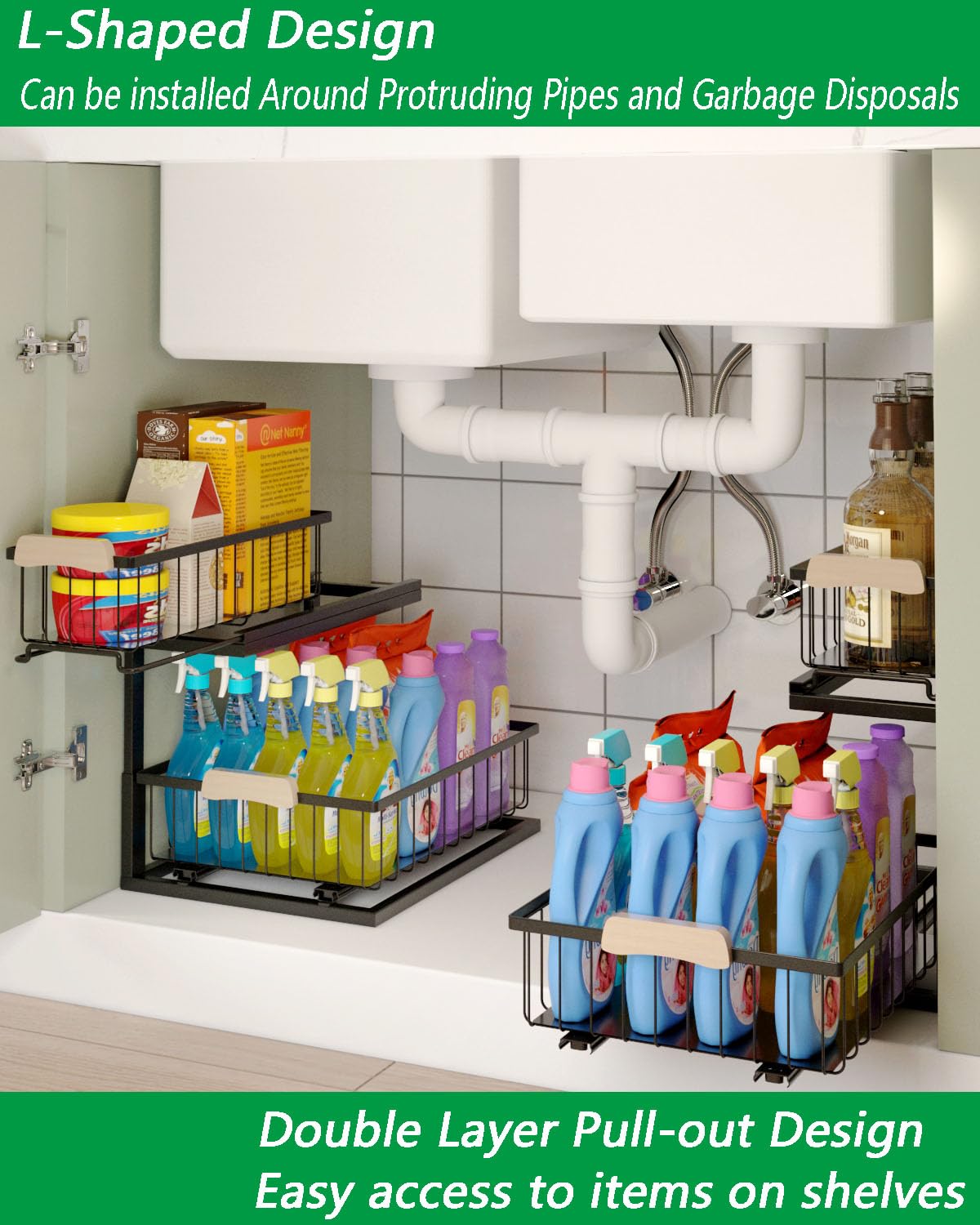 Lefipor Under Sink Organizer L-shaped. 2 Tier Pull Out Cabinet Organizer. Metal Sliding Shelf Storage. Slide Out Under Sink Storage Organizer for Kitchens, Bathrooms-Black
