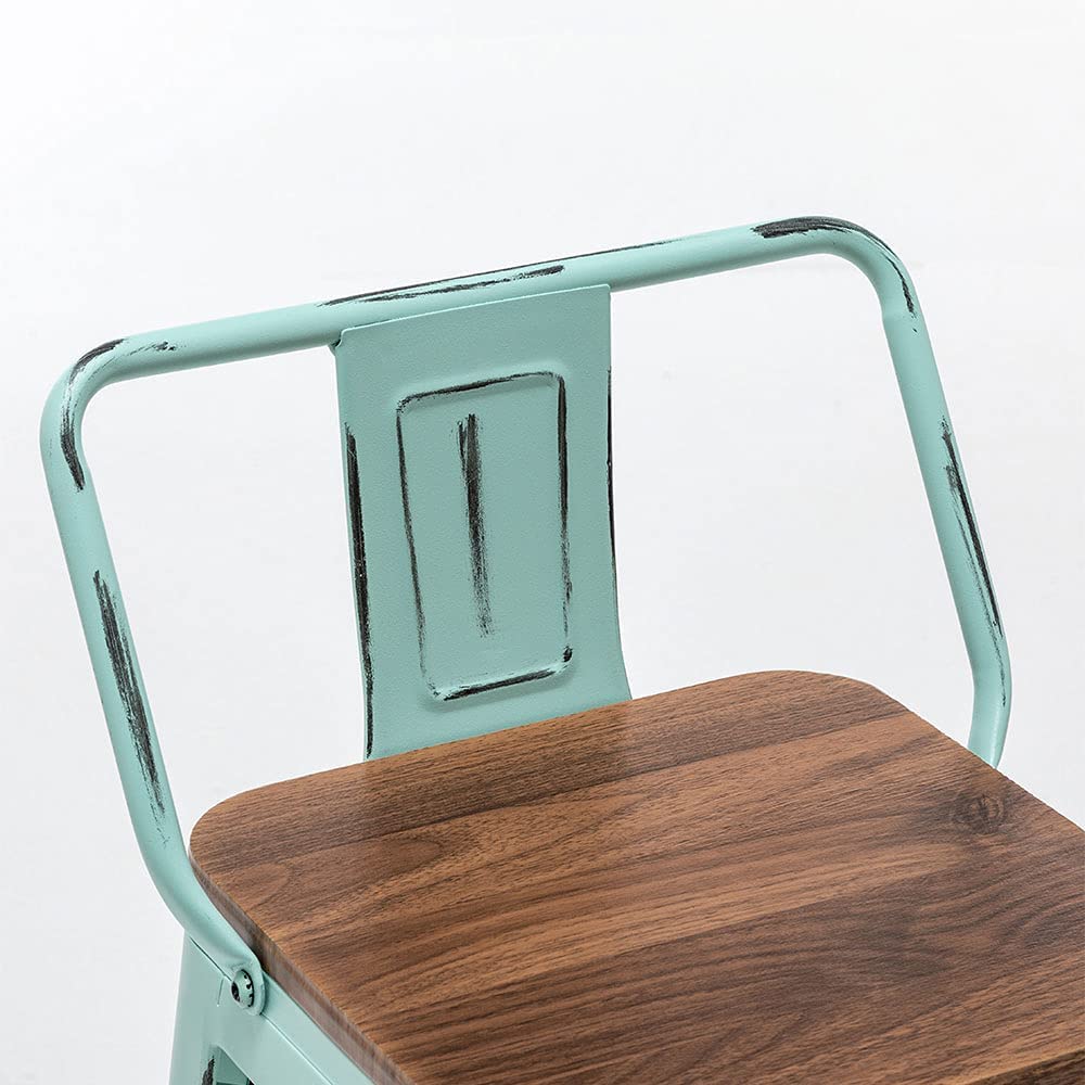 Andeworld Bar Stools Set of 4 Counter Height Stools Industrial Metal Barstools with Wooden Seats(24 Inch, Distressed Green Blue)