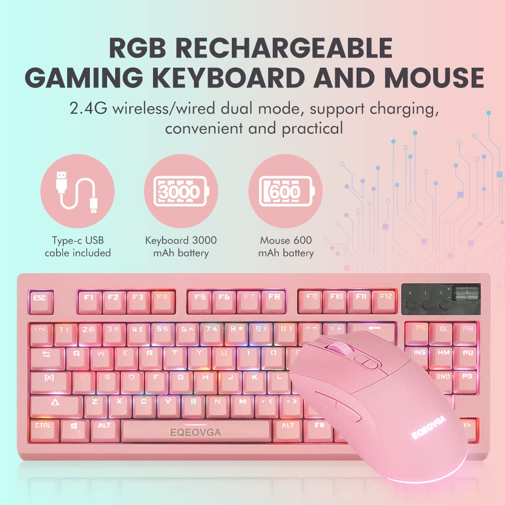 Wireless Mechanical Keyboard and Mouse Combo - RGB Backlit, Rechargeable Battery, Ergonomic Design, 2.4G Wireless Connection, 87-Key for Gaming and Typing(Pink)