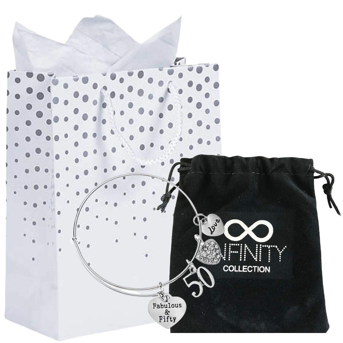 Infinity Collection 50th Birthday Bracelet and Gift Bag Set for Women, 50th Birthday Expandable Charm Bracelet, Adjustable Bangle, 50th Birthday Gift Ideas (Silver)