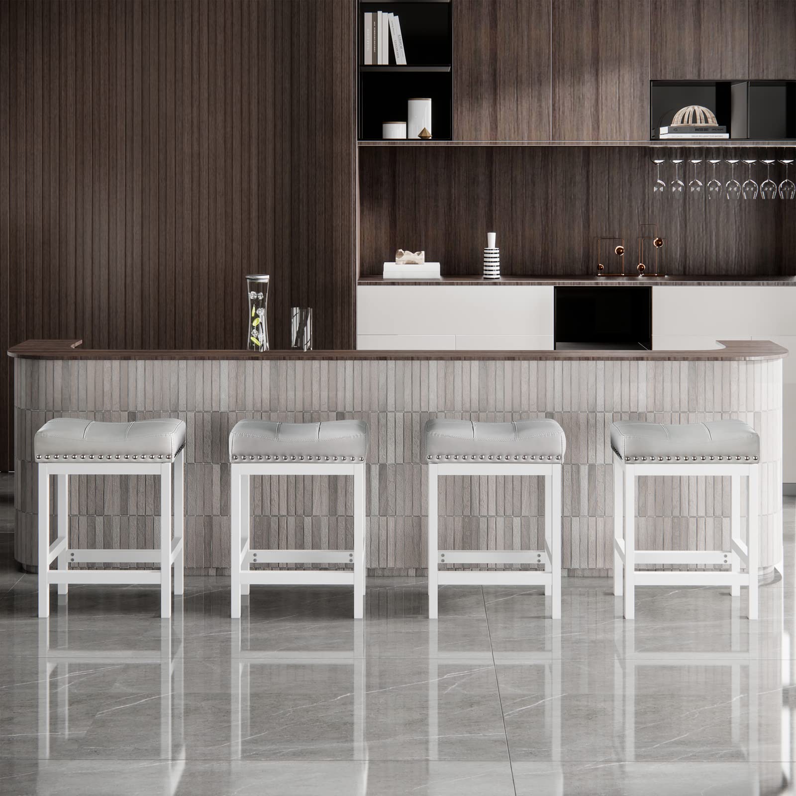OUllUO Gray White Bar Stools Set of 2, Counter Height Bar Stools, Saddle Barstools, Pu Leather Stools with Metal Frame for Kitchen Island, 918P-NG